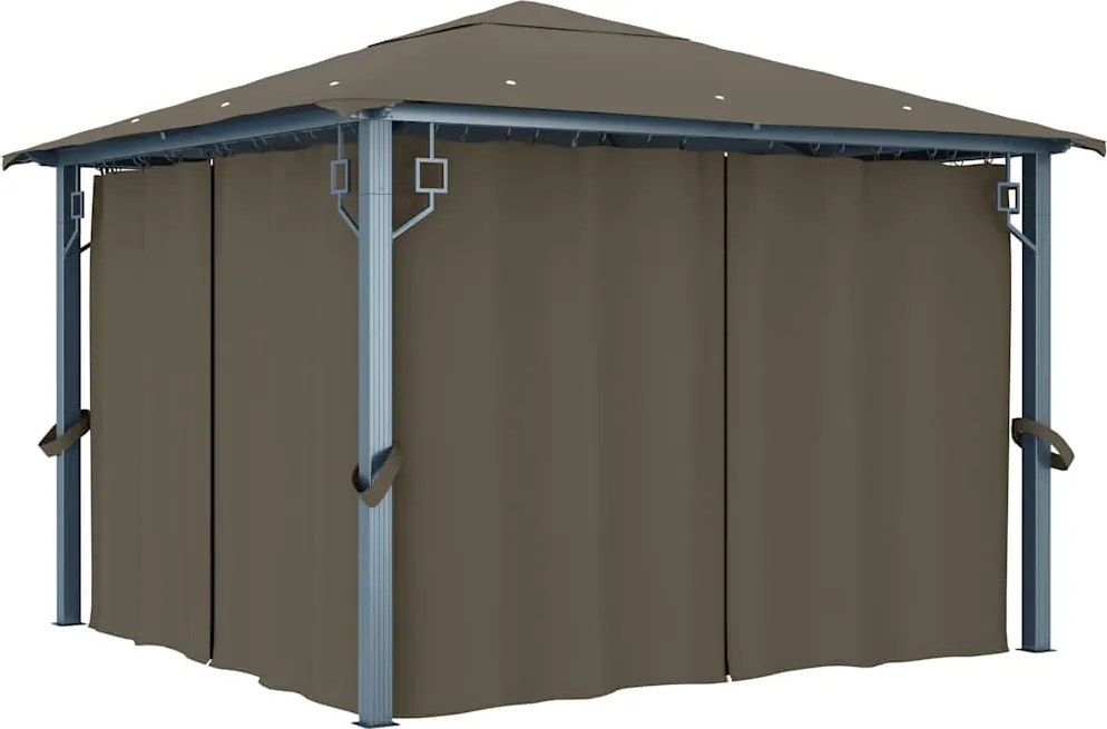 Altán se závěsy a světelnými LED řetězy 3 x 3 m taupe hliník 3070334
