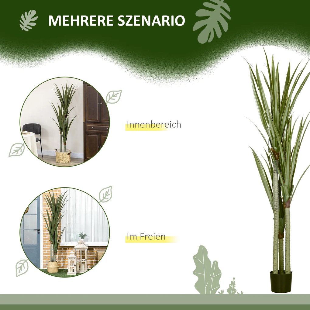 Umělá rostlina yucca HOMCOM v květináči 190 cm - 39 realistických listů pro dekoraci domova, obývacího pokoje, kanceláře a zahrady Ø17x190 cm Zelená