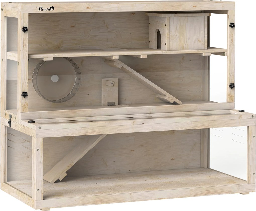 PawHut dřevěná klec pro křečky, 100 × 50 × 84 cm – 3patrový domek pro malé hlodavce s okénkem, běhacím kolem, rampou a domečkem – přírodní dřevo