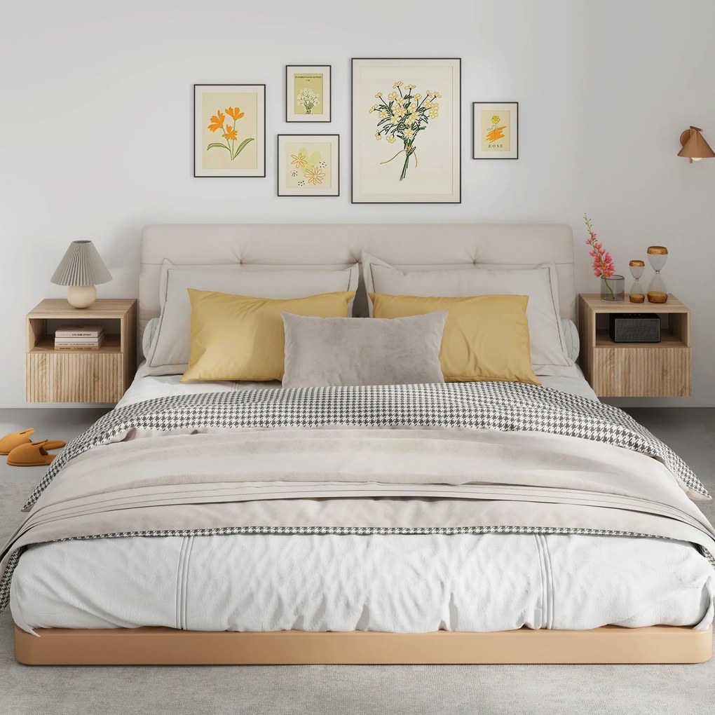 HOMCOM Noční stolek, design bez úchytek, otevřená přihrádka, zásuvka, montáž na zeď, světle hnědá