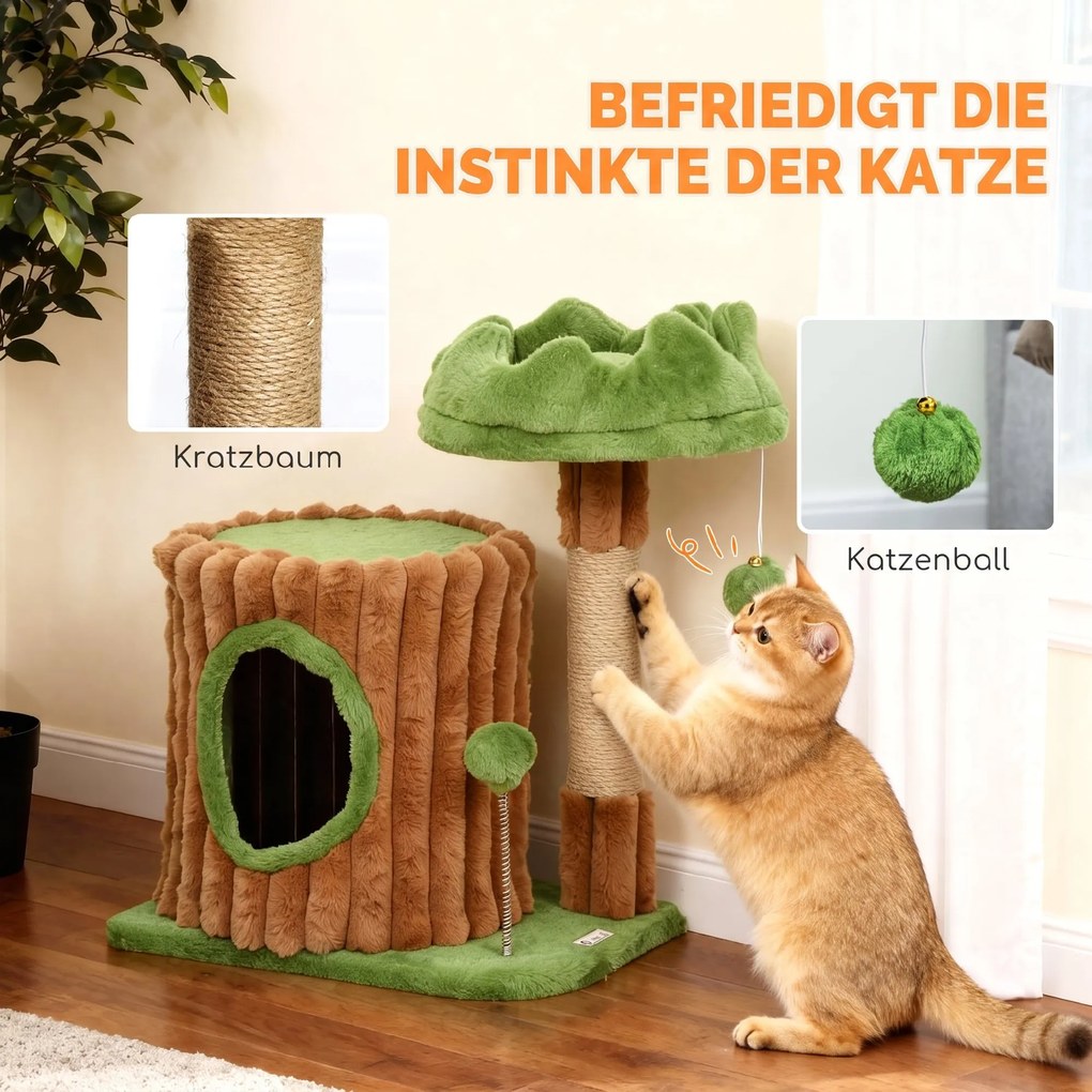 PawHut Škrabadlo 53 cm vysoké, kočičí strom s jeskyní, design kmene stromu, jutové stromy, 2 míčky pro 1-2 kočky do 5 kg, hnědo+zelené
