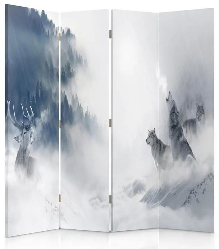 Ozdobný paraván Vlčí mlžný les - 145x170 cm, čtyřdílný, obustranný paraván 360°