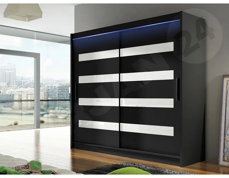 Skříň s posuvnými dveřmi London XI, Barva: černá / černá lacobel + bílý lacobel, Osvětlení: osvětlení LED RGB - barevné