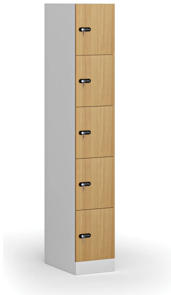 Šatní skříňka S1 s úložnými boxy, 5 boxů, 1850 x 300 x 500 mm, mechanický kódový zámek, laminované dveře, buk