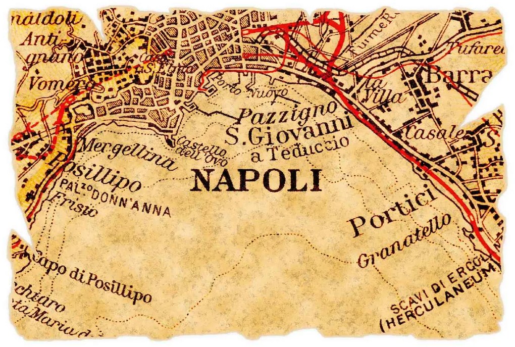 DIMEX | Vliesová fototapeta Stará mapa Neapole MS-5-1536 | 375 x 250 cm| červená, černá, hnědá