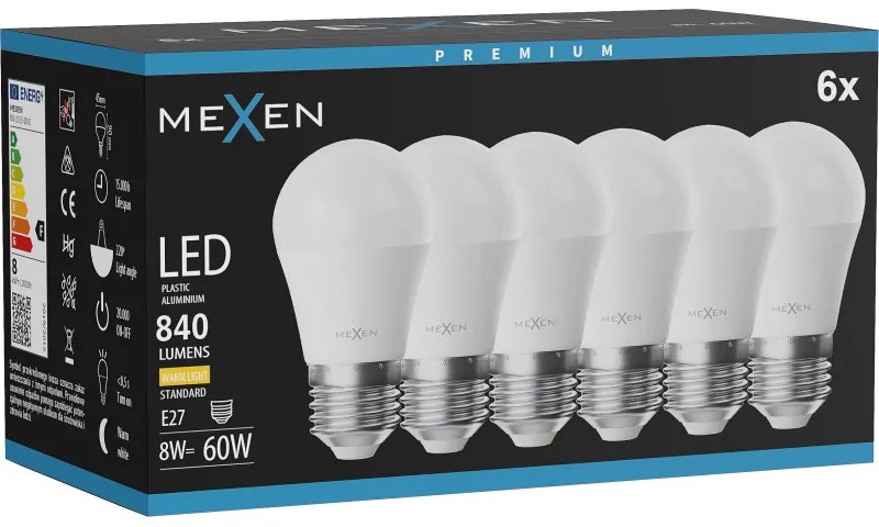 Mexen Nova 6x LED žárovka E27, G45, 8W, Teplá - 3000K, 840 lm - L101-E27-0830-01x06