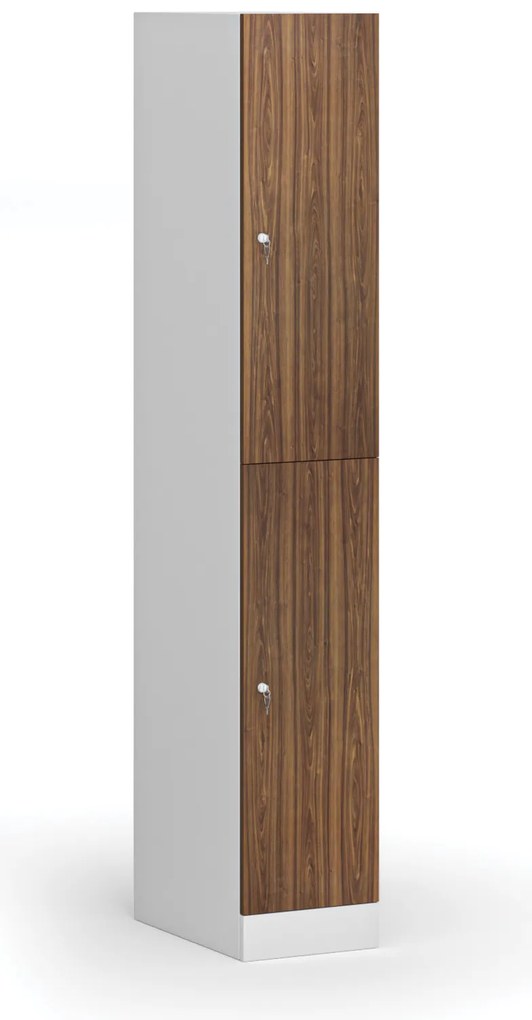 Šatní skříňka S1 s úložnými boxy, 2 boxy, 1850 x 300 x 500 mm, demont, cylindrický zámek, laminované dveře, ořech