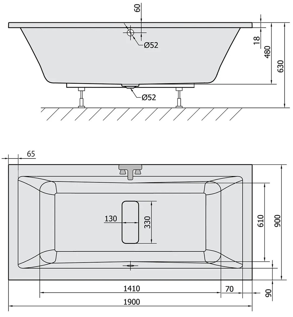 Polysan MARLENE SLIM obdélníková vana 190x90x48cm, bílá, 71607S