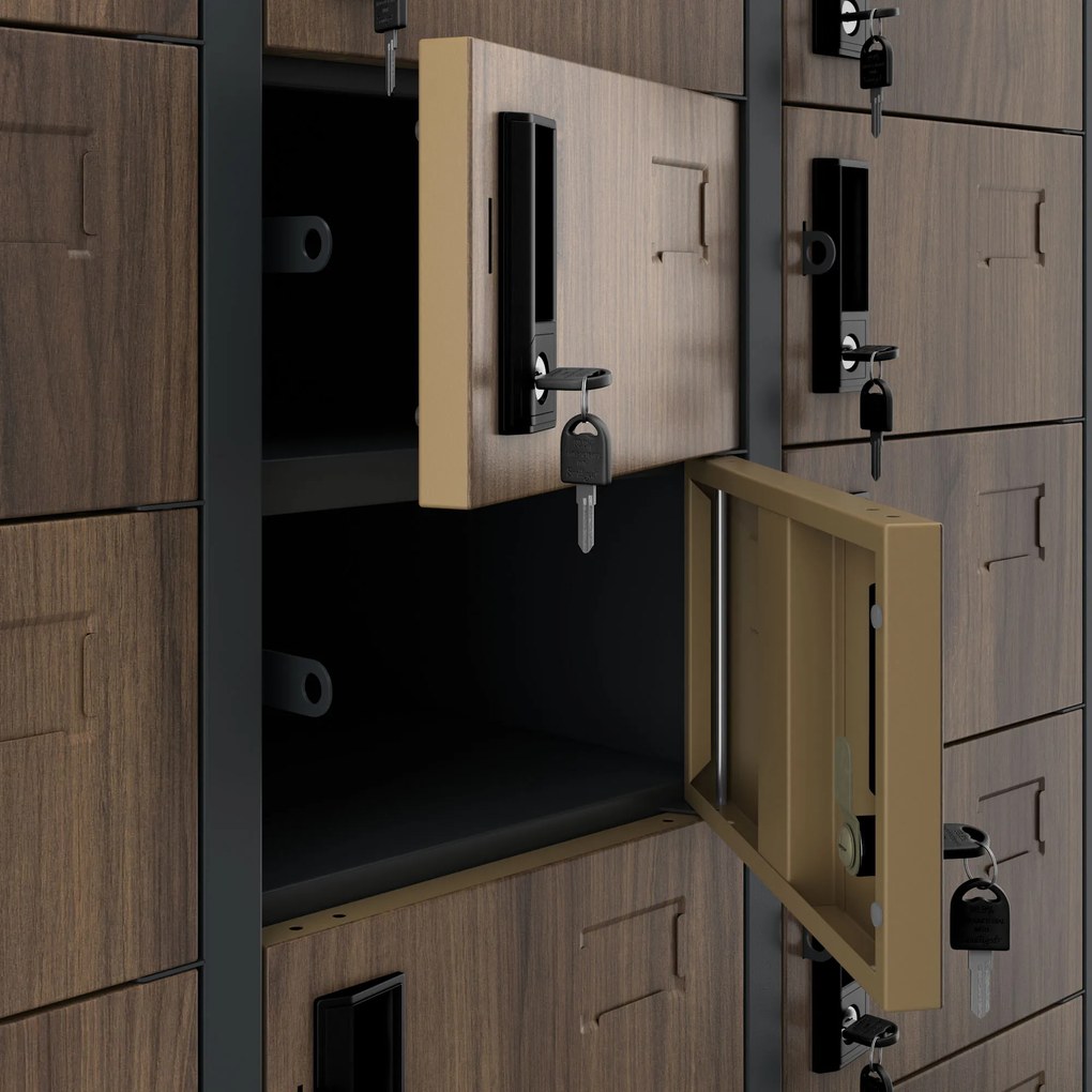 Depozitní skříňka s 33 uzamykatelnými boxy, bílá antracit/ořech, 900x1850x450 mm: OLIVER Eco Design