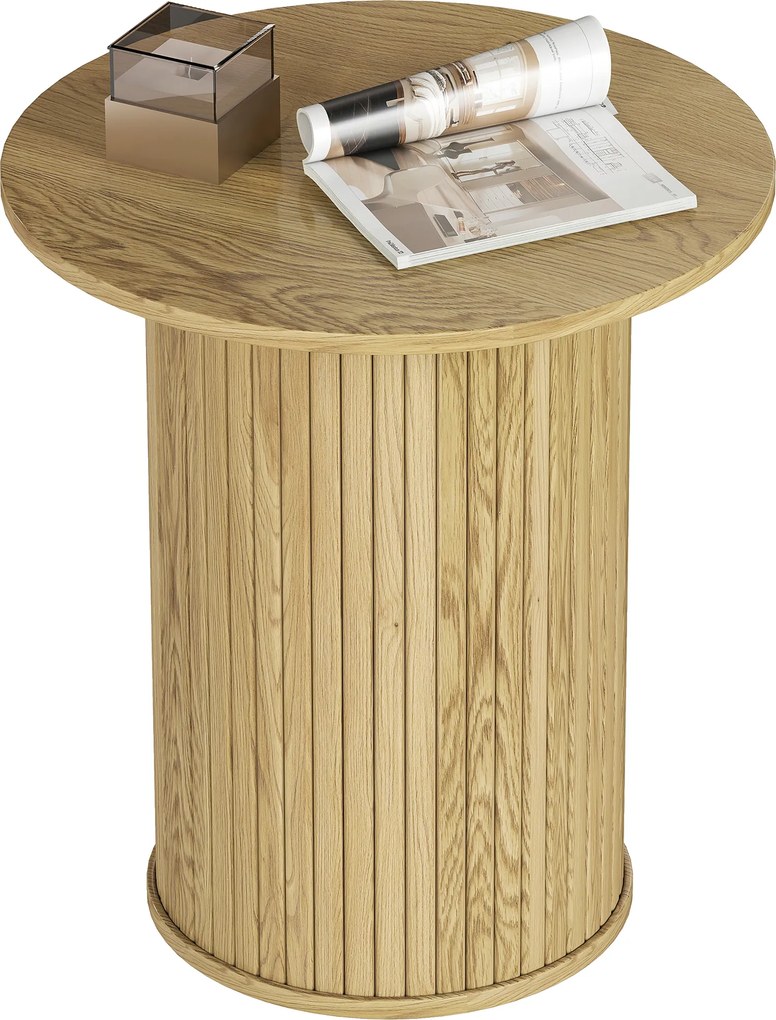HOMCOM kulatý odkládací stolek Ø 48 cm, konferenční stolek s žlábkovanými nohami pro obývací pokoj, ložnici nebo malé prostory, Dub