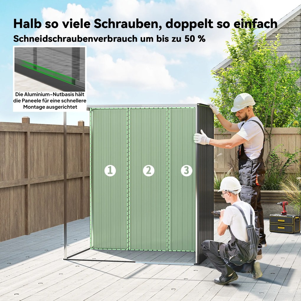 Outsunny kovová zahradní kůlna 1,37 m² — 159 x 106 x 181 cm, posuvné dveře, větrání, šikmá střecha, 2 páry rukavic, snadná montáž — tmavě šedá