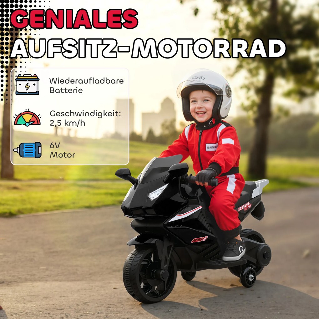 AIYAPLAY Elektrická motorka pro děti, klakson, světla, hudební funkce, 2,5 km/h, černá