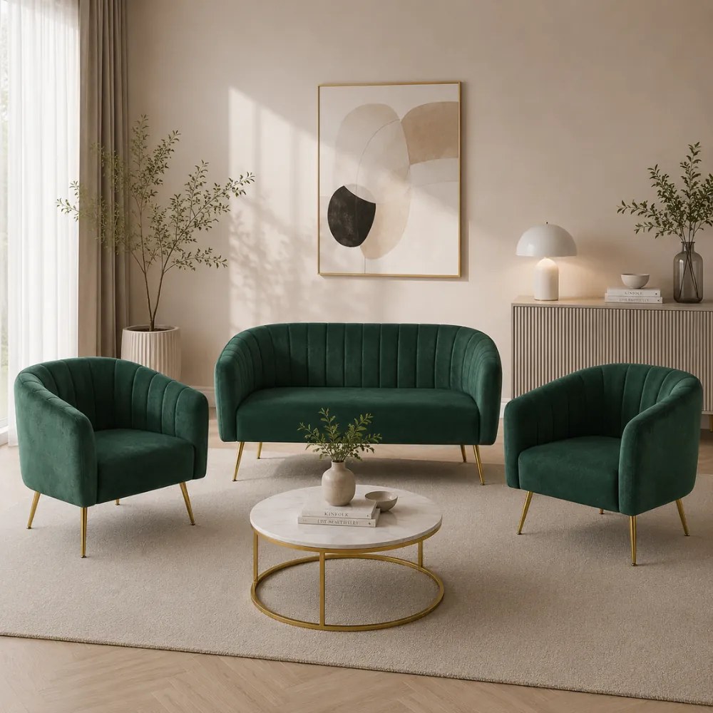 Designový 2-sed, tmavě zelená Velvet látka/gold chrom-zlatý, BAGY