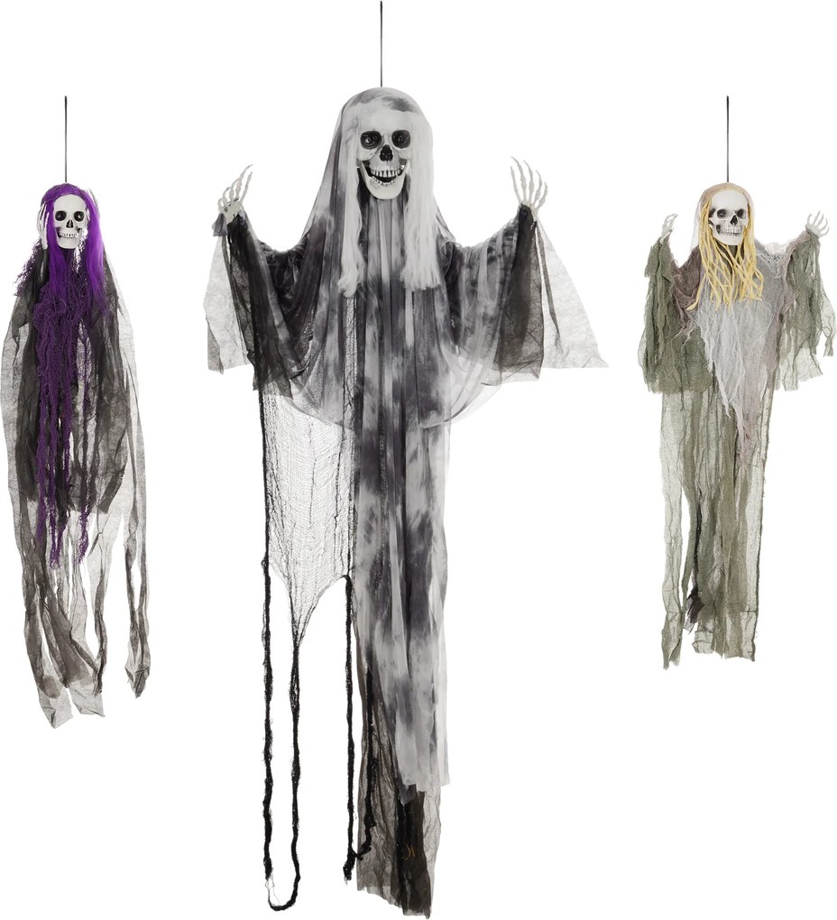 HOMCOM Visící kostlivci-duchové, sada 3 ks, Halloween dekorace, nastavitelná paže, 90/110/200 cm