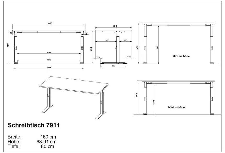 Polohovací pracovní stůl s deskou v dubovém dekoru 80x160 cm Agenda – Germania