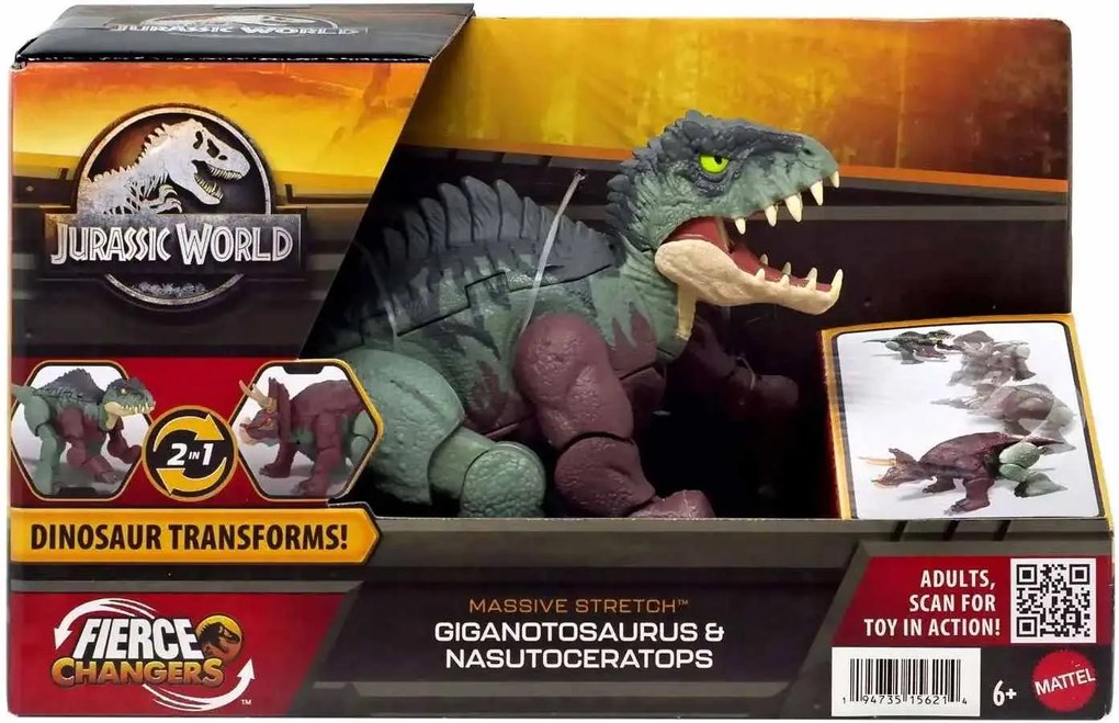 Mattel jurský svět dinosaurus 2 v 1 gigantosaurus a nasutoceratops, hpd34