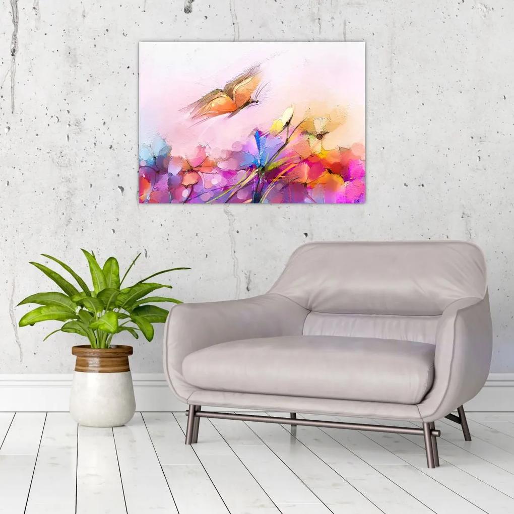Skleněný obraz - Motýl nad květinou, abstrakce (70x50 cm)
