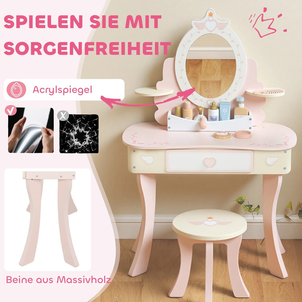 AIYAPLAY Dětský toaletní stolek, židle, zásuvka, odnímatelné zrcadlo, dětský psací stůl se 7 doplňky, provedení 2 v 1, MDF, růžová barva