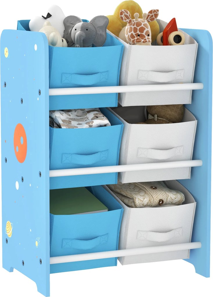 Dětská polička AIYAPLAY pro děti od 3 let s 6 odnímatelnými boxy z netkané textilie, organizer na hračky do dětského pokoje a školky 43x30x60 cm Modrá