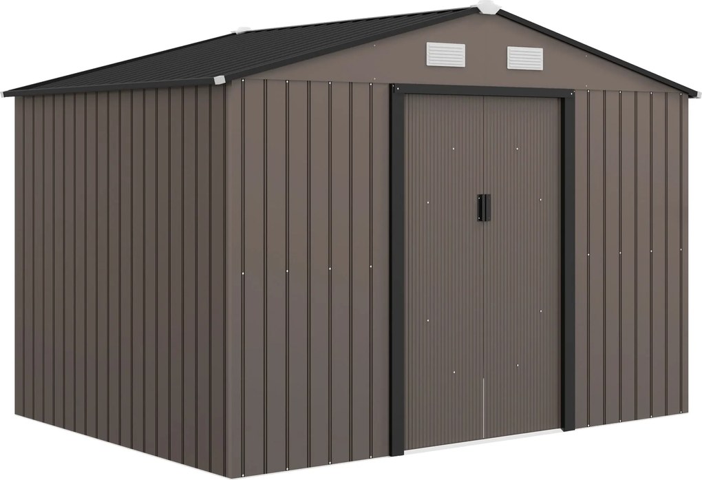 Outsunny XXL pozinkovaný ocelový zahradní domek 5,4 m² s montážní sadou, 277 × 195 × 192 cm, uzamykatelné posuvné dveře, 4 větrací otvory, hnědý | Aos
