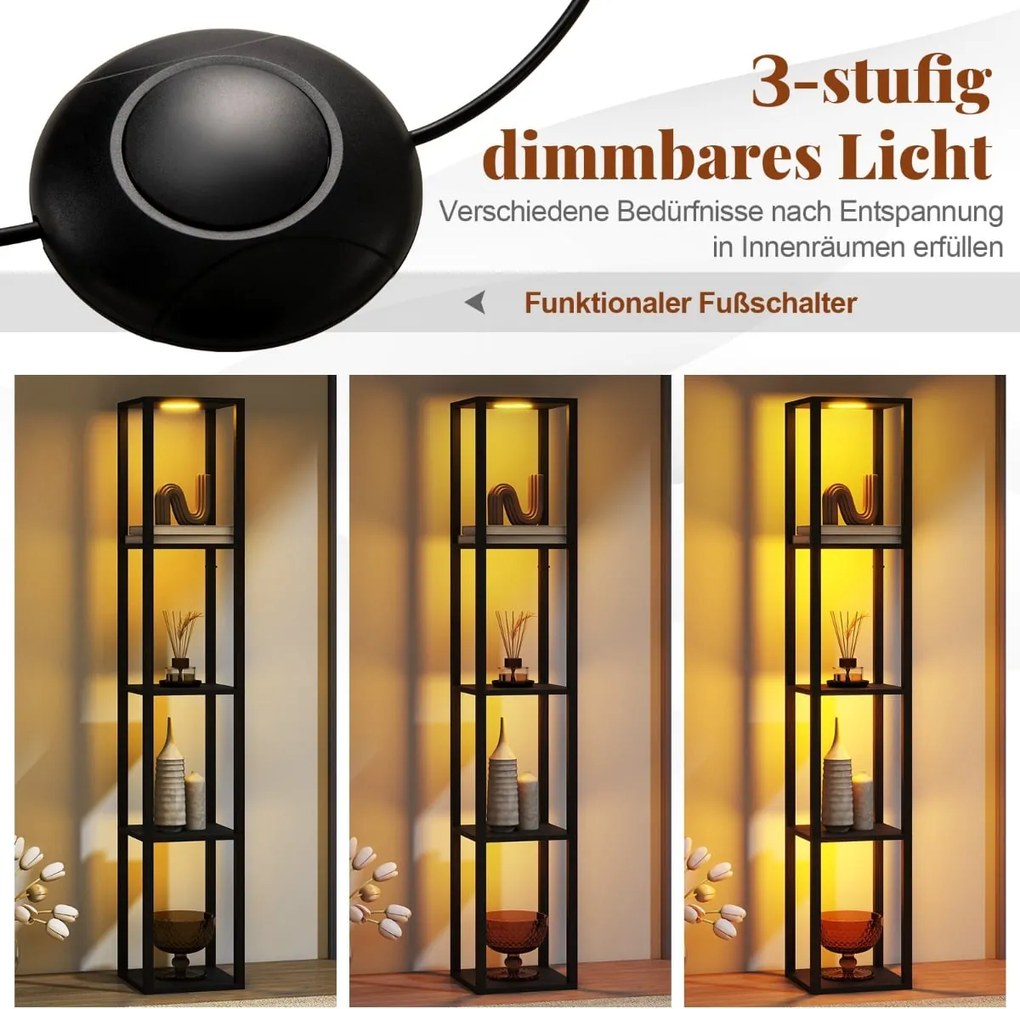 Costway Stojací lampa 162 cm s policemi a stmívatelnými LED světly a nožním