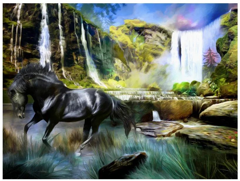 Fototapeta - Kůň na pozadí nebe-modrý vodopád 200x154 + zdarma lepidlo