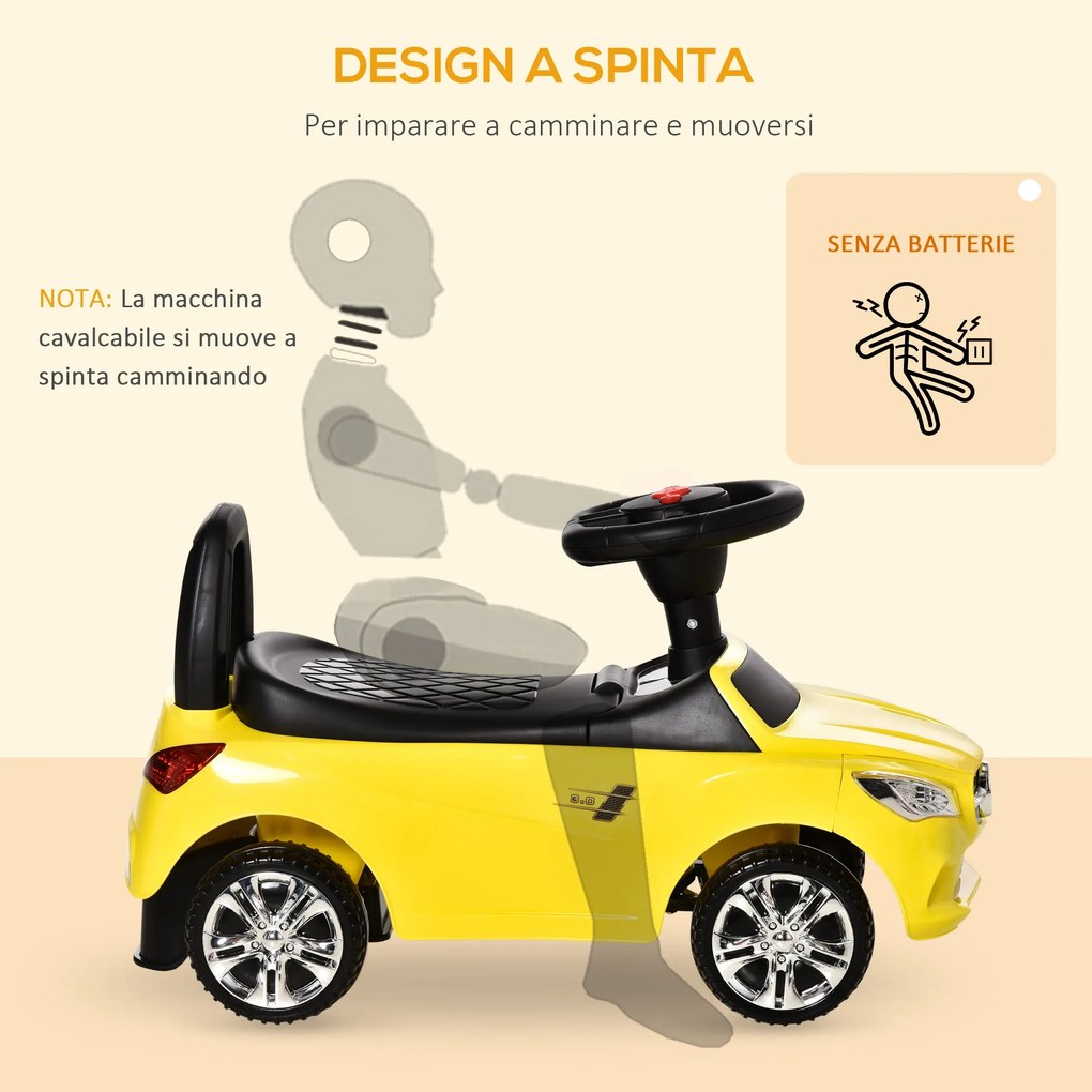 HOMCOM Dětské odrážedlo s volantem, světly a integrovanou hudbou, auto pro děti z PP a kovu, 63,5x28x36 cm, žluté