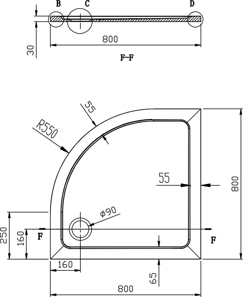 Aqualine Tecmi PQ558 čtvrtkruhová sprchová vanička 80 x 80 x 3 cm litý mramor