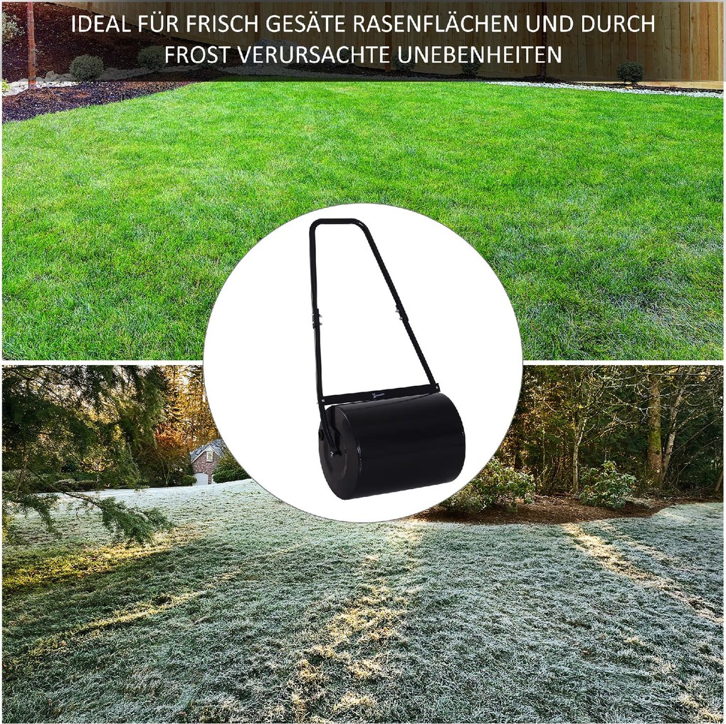 Zahradní válec Outsunny s U-rukojetí průměr 40 cm 60 l náplň z vodního písku kovový černý 57 x 40 x 123 cm pro dokonalé trávníky