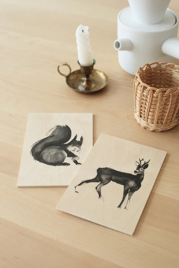 Obrázek na dřevěné kartě Roe Deer 10x15 cm Teemu Järvi Illustrations