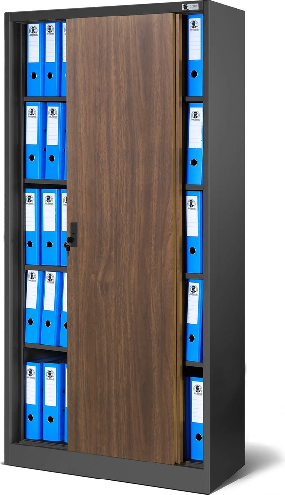 Kovová kancelářská skříň s posuvnými dveřmi, antracit/ořech, 900x1850x400 mm: KUBA Eco Design