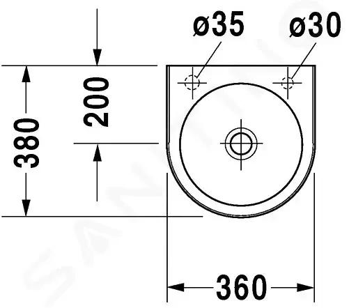 DURAVIT - Architec Umývátko 360x380 mm, bez přepadu, s otvorem pro baterii vpravo, bílá (0766350008)