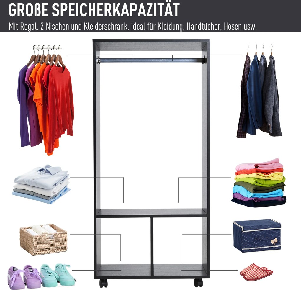 HOMCOM Skříň na kolečkách, Otevřený design s závěsnou tyčí a policemi pro organizaci oblečení do ložnice 60x40x128 cm Černá