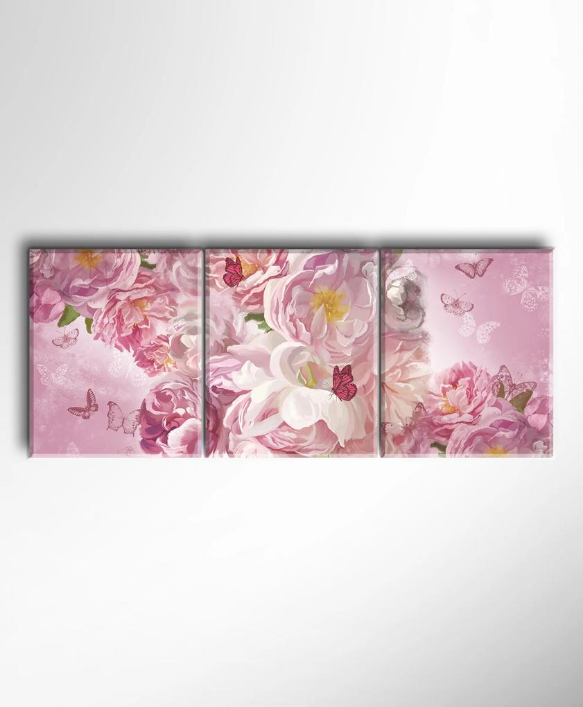 Malvis ® Obraz růžové květy s motýly ROZMĚR (šířka x výška): třídílný obdélník 90x60 cm