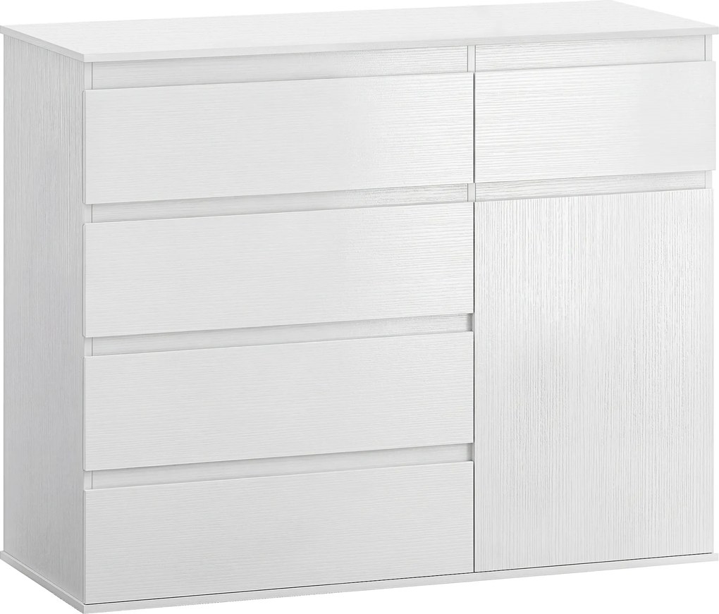 HOMCOM Komoda, úložná skříňka s 5 zásuvkami, nastavitelným prostorem a dvířky s tichým dovíráním, 100 x 40 x 80 cm, bílá
