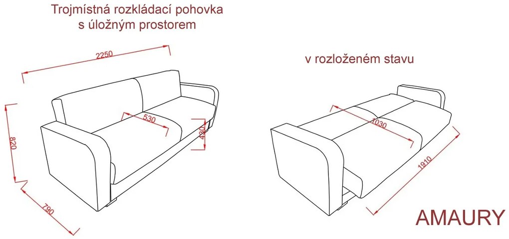 Trojmístná rozkládací pohovka s úložným prostorem Amaury - hnědá