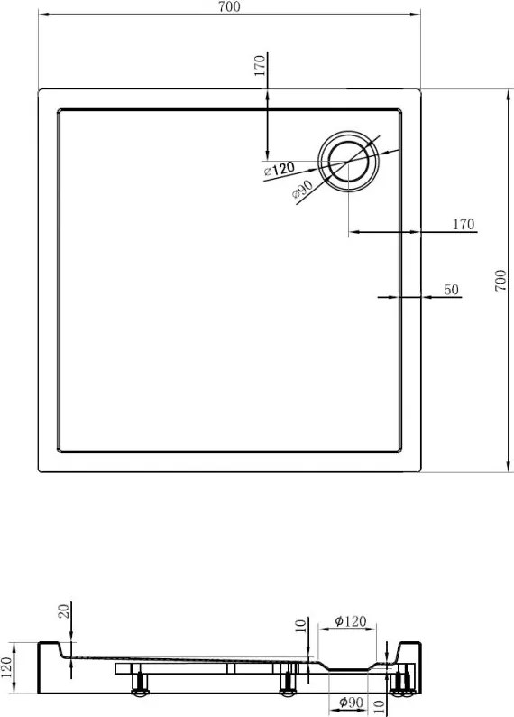 Mexen Flow+, čtvercová sprchová vanička 70 x 70 cm, bílá lesklá, 46S107070H