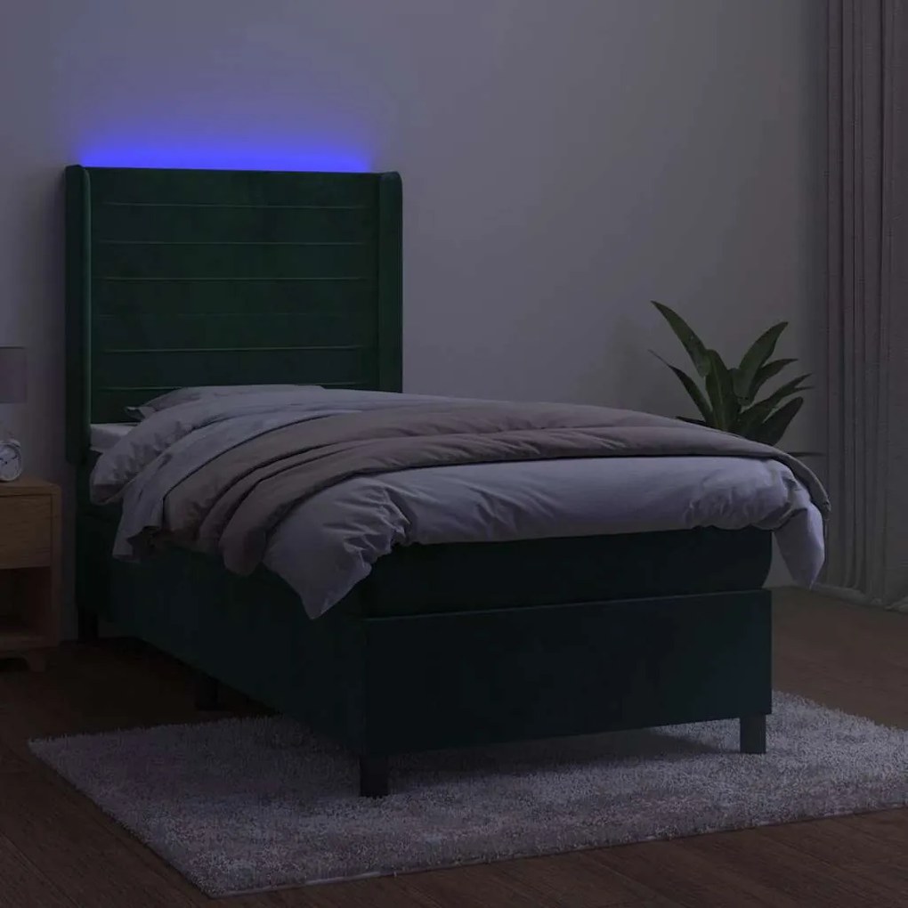 Box spring postel s matrací a LED tmavě zelená 80x200 cm samet 3139592