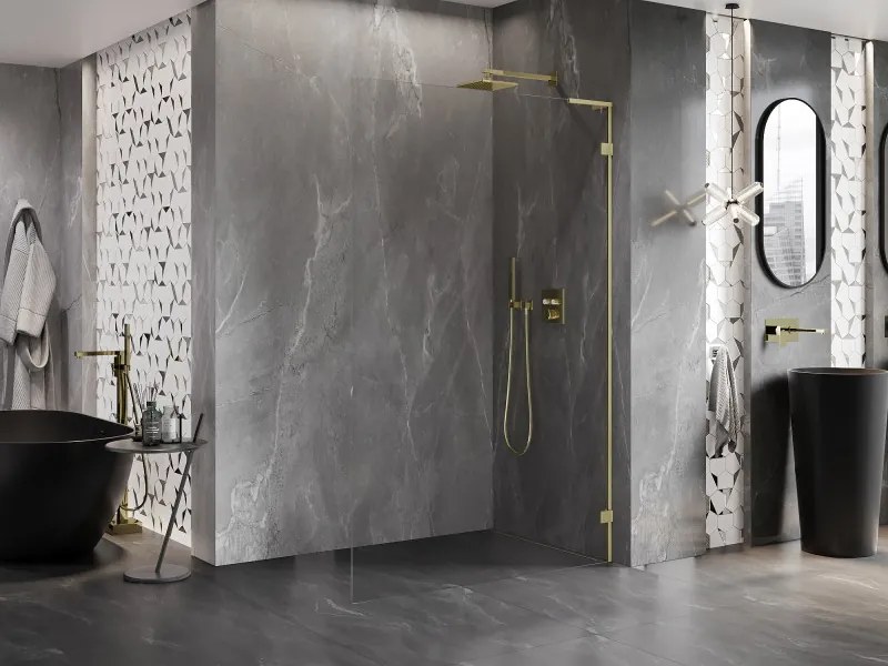 Mexen, Mexen Lunar L sprchová stěna pravá 100 x 200 cm, průhledná 8 mm, zlatý kartáč - 830L-100-000-55-00-P