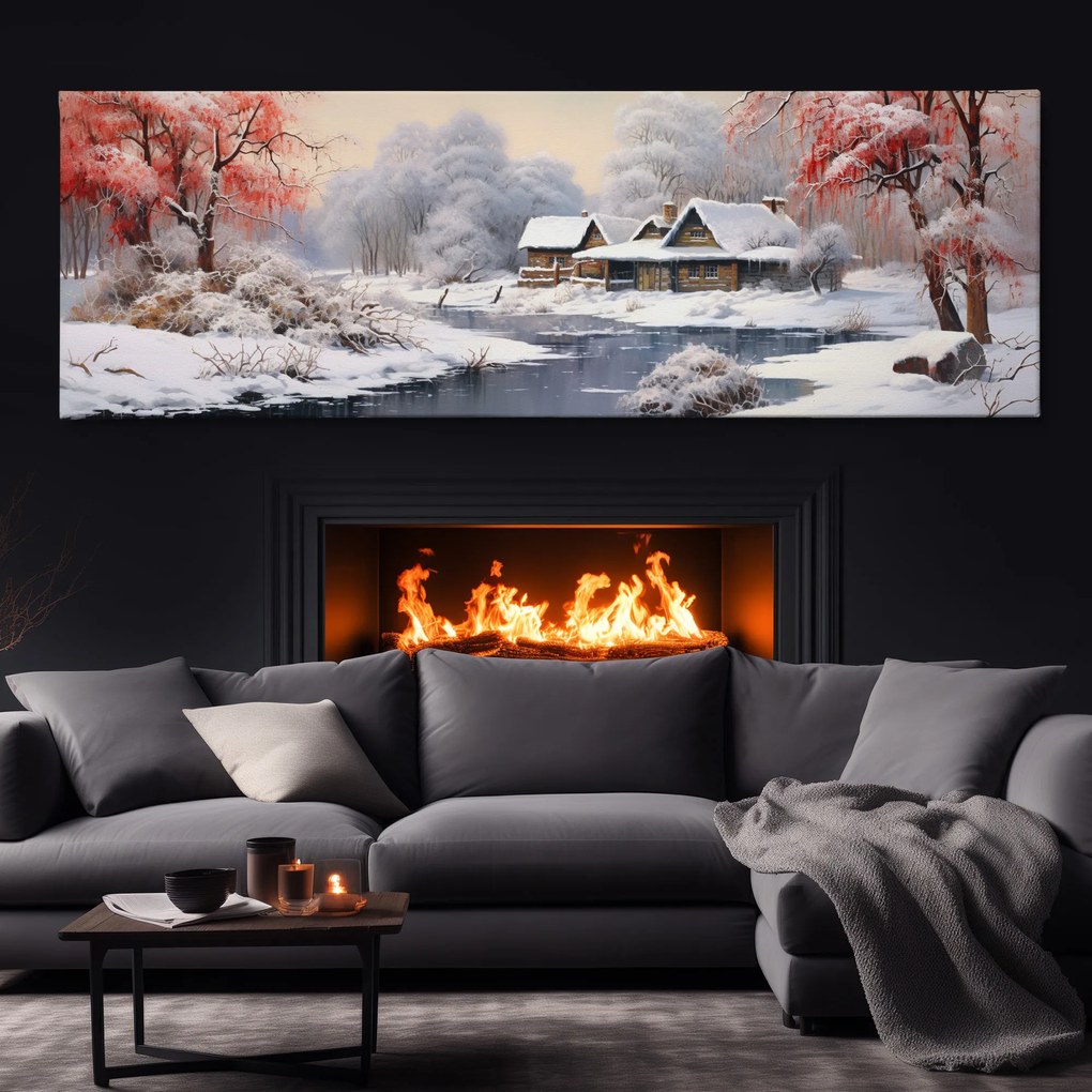 Obraz na plátně - Zimní krajina s chatou u říčky FeelHappy.cz Velikost obrazu: 150 x 50 cm