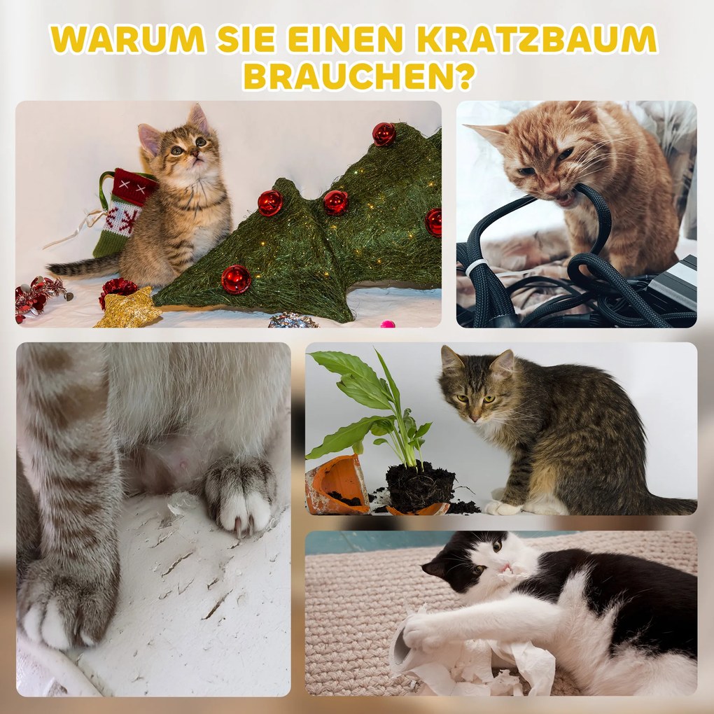 PawHut Škrabací sud, výška 49 cm, Ø35,5 cm, dvoupatrový kočičí sud s plyšovým okrajem, škrabací podložka, 2 jeskyně, khaki + káva
