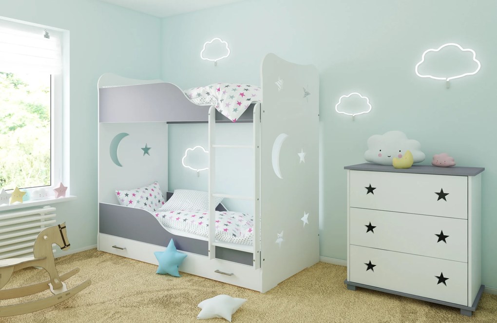 BabyBeds Dětská patrová postel STARS 180x80 Barevné provedení: Šedá, Úložný prostor: Ne, bez úložného prostoru