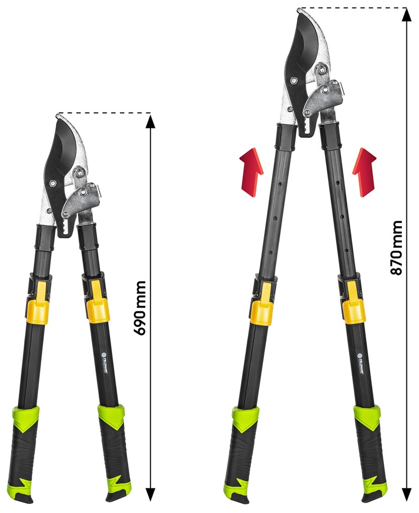 Fieldmann FZNR 1023 Teleskopické pákové nůžky Průměr střihu: 45 mm, Čistá hmotnost: 1570 g, Rozměry: délka 69-87 cm, šířka 25,5 cm, Výjimečně ostrá