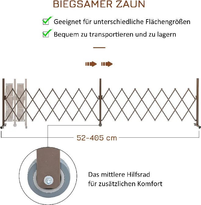 Outsunny Nůžková zábrana Nůžková zábrana výsuvná 52-405cm Zahradní hliníková hnědá H103,5cm | Aosom