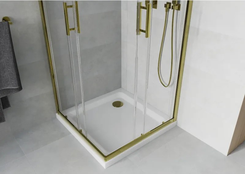 Mexen Rio, čtvercový sprchový kout s posuvnými dveřmi 80 (dveře) x 80 (dveře) x 190 cm, 5mm čiré sklo, zlatý profil + bílá sprchová vanička SLIM, 860-080-080-50-00-4010G