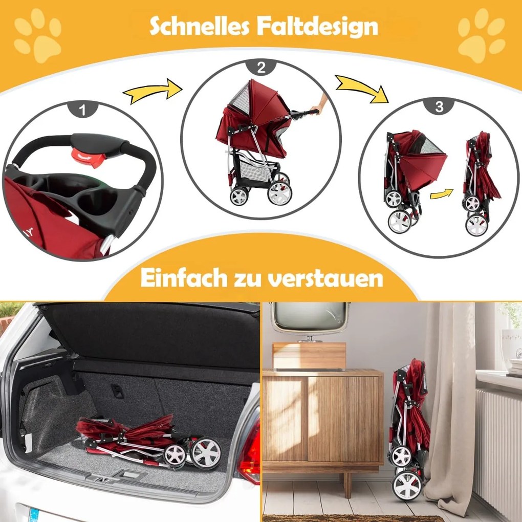 Costway Pet Kočárek Skládací kočárek pro psy s úložným košíkem Držáky na hrnky