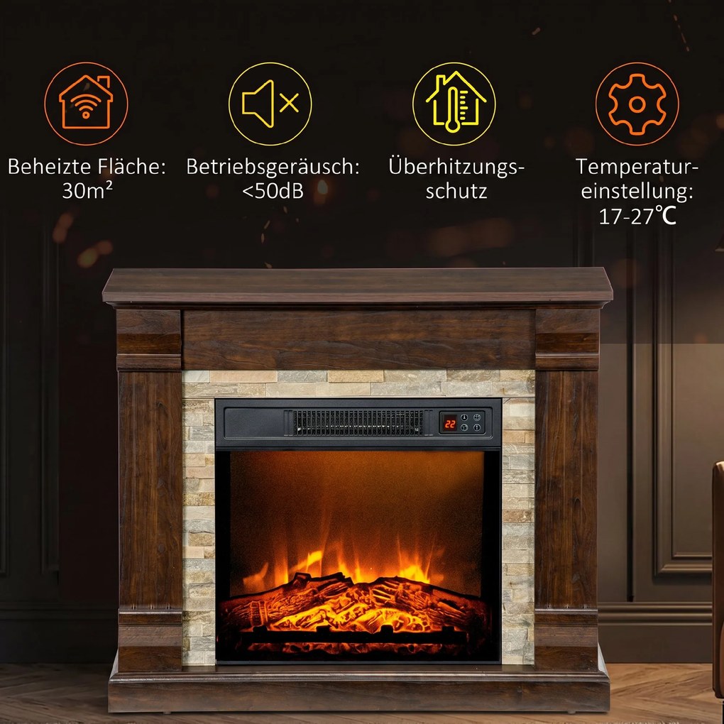 HOMCOM Elektrický krb 1800W s topením, dálkovým ovládáním, ochranou proti přehřátí, dekorační krb, tmavě hnědý