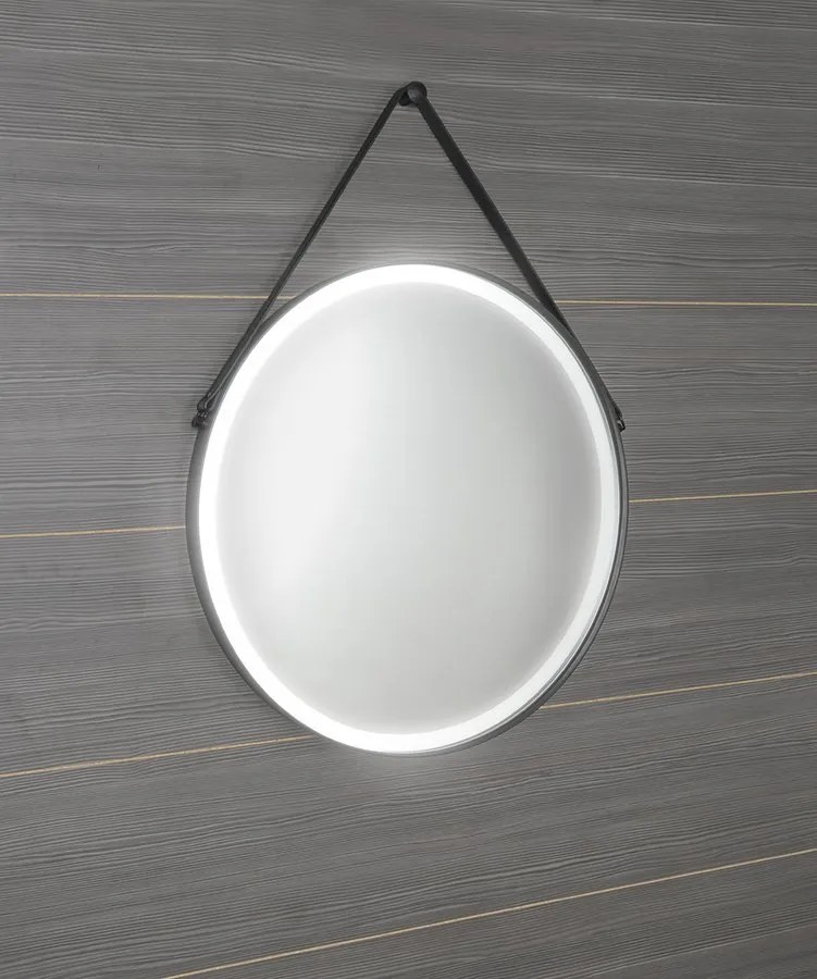 Sapho Sapho, ORBITER LED podsvícené kulaté zrcadlo s koženým popruhem, o 60cm, černá mat