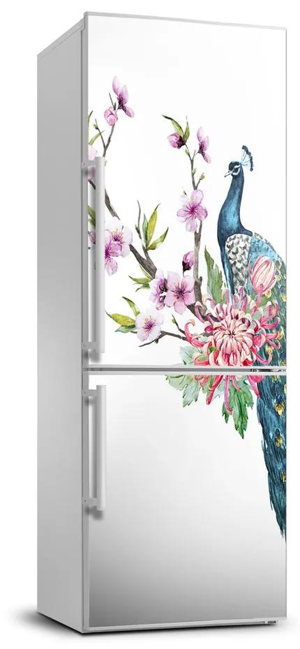 Wallmuralia Samolepící nálepka na ledničku Páv a květiny XL 60x180 cm
