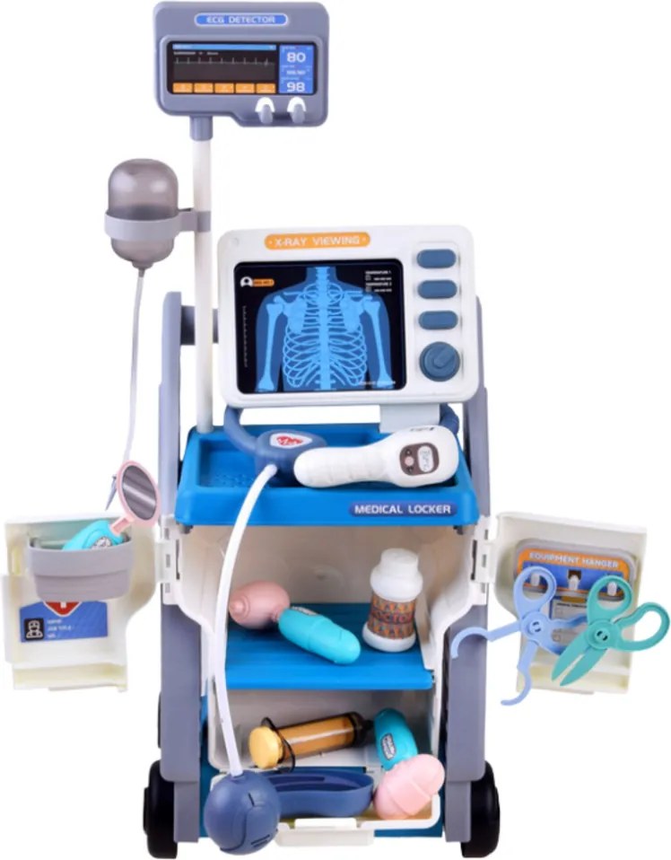 LEAN Toys Sada malého lékaře s vozíkem RTG a EKG, světlá, modrá, 16 ks